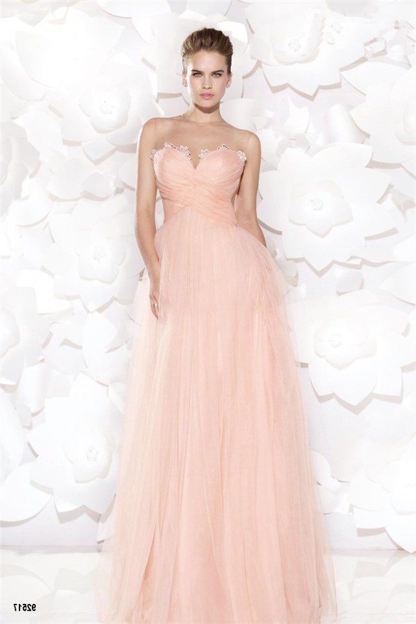 Illusion Neckline Empire Waist Long Blush Pink Tulle Lace Prom Dress