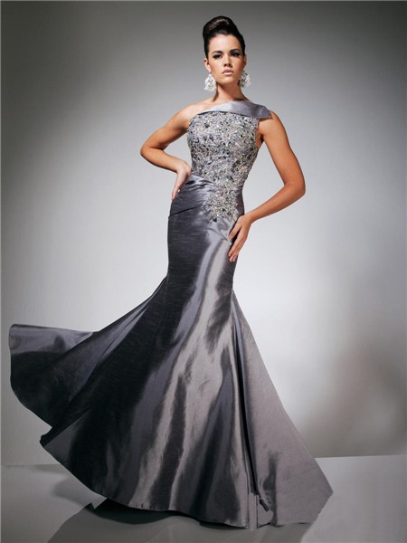 Mermaid One Shoulder Asymmetric Long Charcoal Grey Taffeta Beaded ... Mermaid One Shoulder Asymmetric Long Charcoal Grey Taffeta Beaded ...