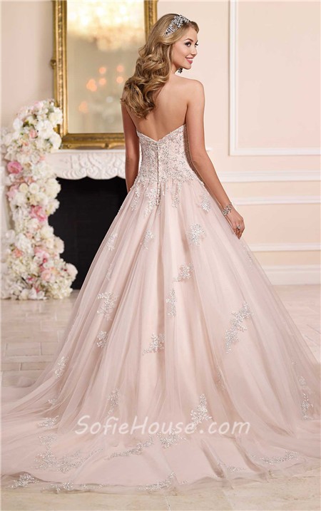 Romantic Ball Gown Strapless Blush Pink Tulle Lace Beaded Wedding Dress