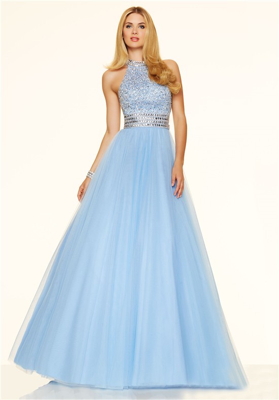 A Line High Neck Open Back Long Light Blue Tulle Beaded Prom Dress